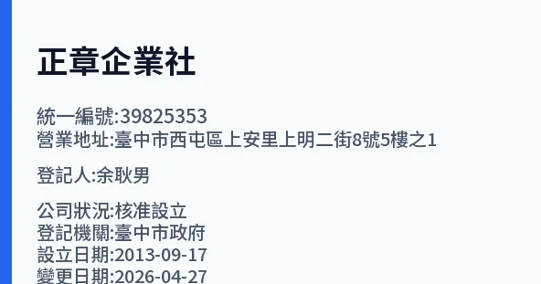 正章企業社的照片-統編 39825353(臺中市) 公司登記資料與營業項目詳細圖表