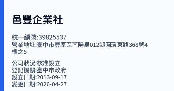 邑豐企業社的照片-統編 39825537(臺中市) 公司登記資料與營業項目詳細圖表