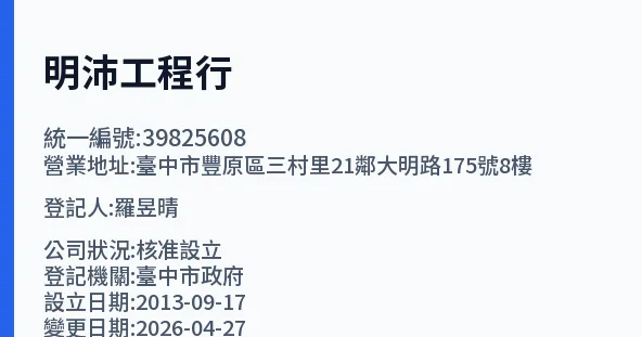 明沛工程行的照片-統編 39825608(臺中市) 公司登記資料與營業項目詳細圖表