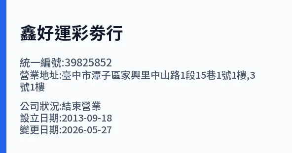 鑫好運彩劵行的照片-統編 39825852(臺中市) 公司登記資料與營業項目詳細圖表