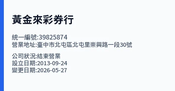 黃金來彩券行的照片-統編 39825874(臺中市) 公司登記資料與營業項目詳細圖表