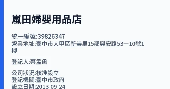 嵐田婦嬰用品店的照片-統編 39826347(臺中市) 公司登記資料與營業項目詳細圖表