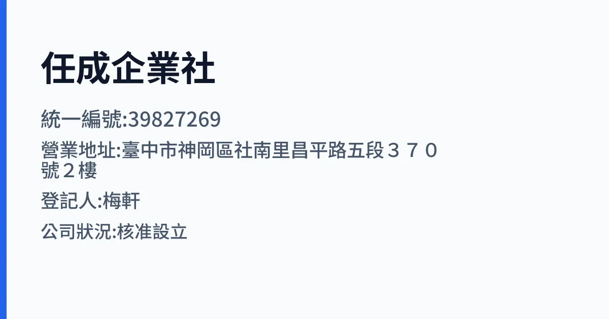 任成企業社 - 統編 39827269(臺中市) 公司登記資料與營業項目詳細圖表