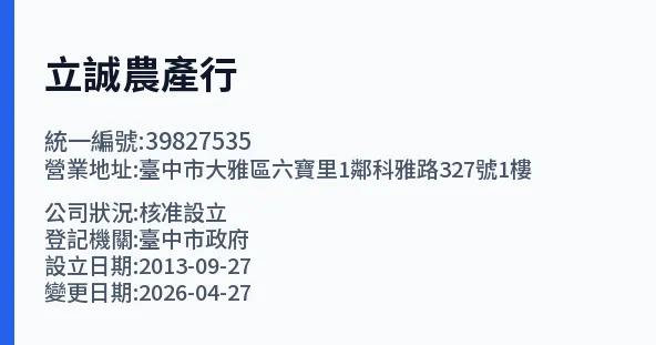 立誠農產行的照片-統編 39827535(臺中市) 公司登記資料與營業項目詳細圖表