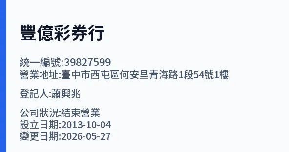 豐億彩券行的照片-統編 39827599(臺中市) 公司登記資料與營業項目詳細圖表