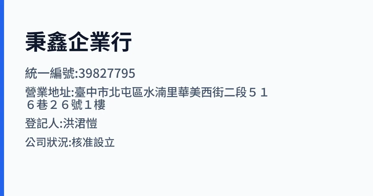 秉鑫企業行 - 統編 39827795（臺中市） 公司登記資料與營業項目詳細圖表