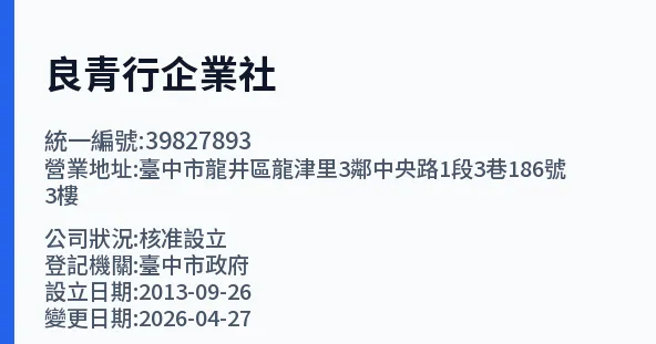 良青行企業社的照片-統編 39827893(臺中市) 公司登記資料與營業項目詳細圖表
