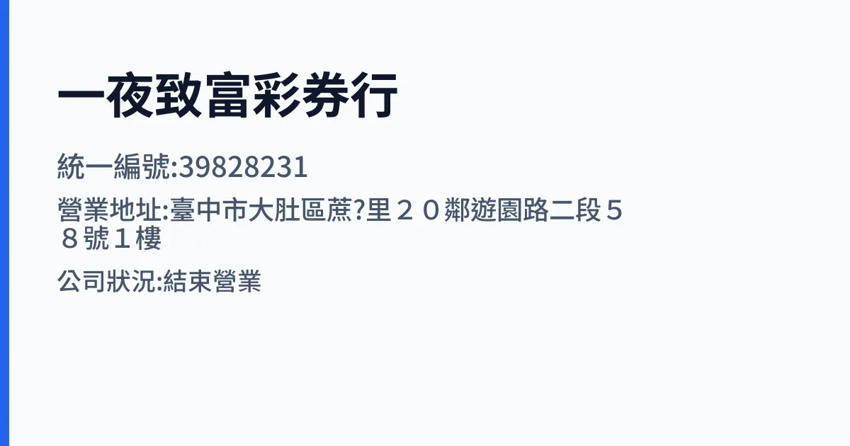 一夜致富彩券行 - 統編 39828231(臺中市) 公司登記資料與營業項目詳細圖表