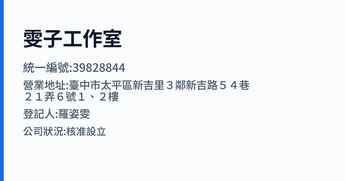 雯子工作室 - 統編 39828844(臺中市) 公司登記資料與營業項目詳細圖表