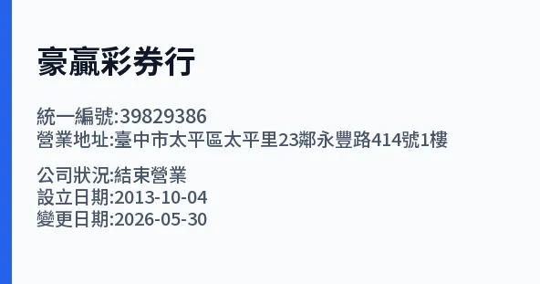 豪贏彩券行的照片-統編 39829386(臺中市) 公司登記資料與營業項目詳細圖表