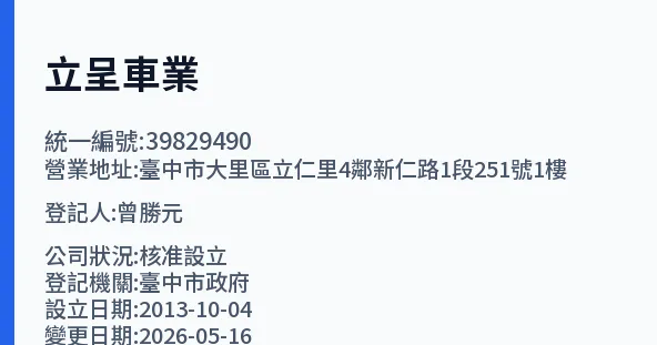 立呈車業的照片-統編 39829490(臺中市) 公司登記資料與營業項目詳細圖表