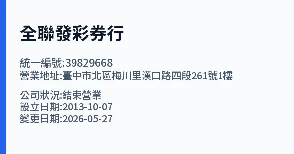 全聯發彩券行的照片-統編 39829668(臺中市) 公司登記資料與營業項目詳細圖表