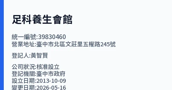 足科養生會館的照片-統編 39830460(臺中市) 公司登記資料與營業項目詳細圖表