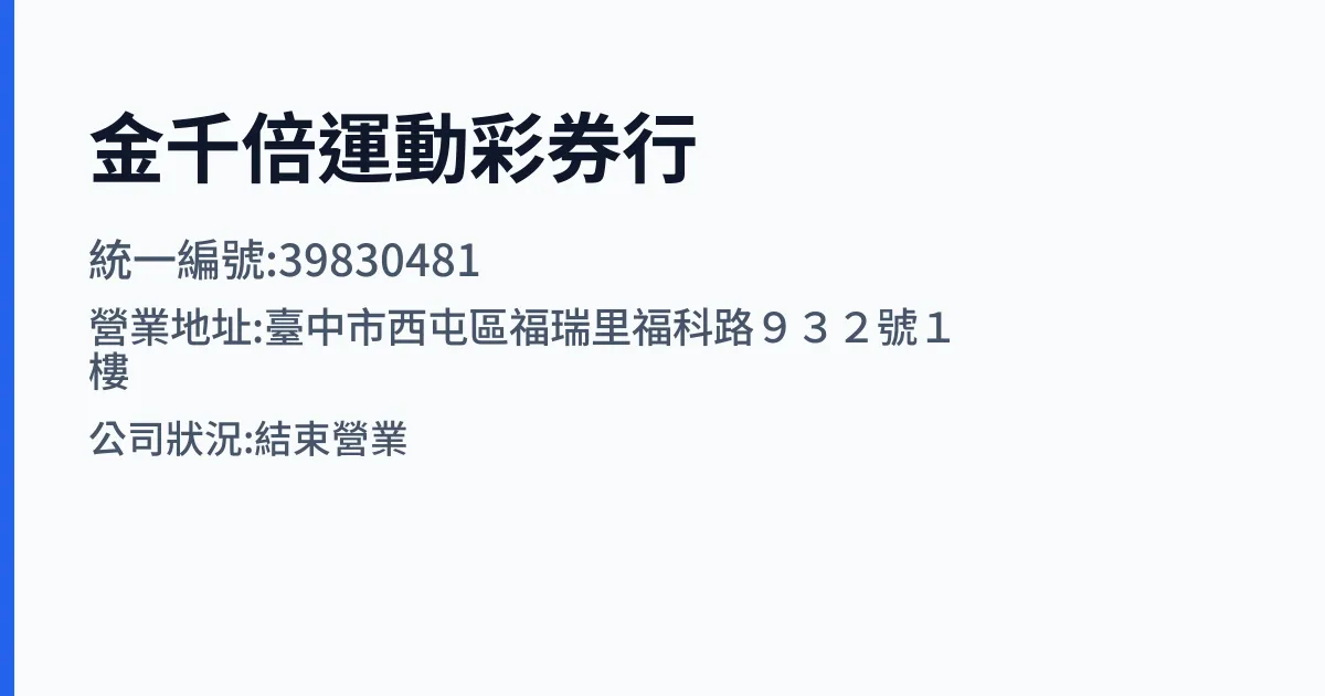金千倍運動彩券行 - 統編 39830481(臺中市) 公司登記資料與營業項目詳細圖表