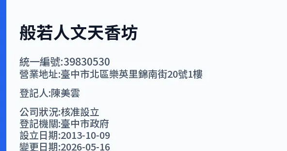 般若人文天香坊的照片-統編 39830530(臺中市) 公司登記資料與營業項目詳細圖表