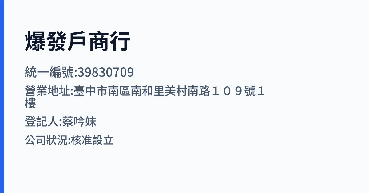 爆發戶商行 - 統編 39830709(臺中市) 公司登記資料與營業項目詳細圖表