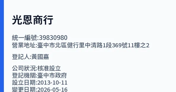 光恩商行的照片-統編 39830980(臺中市) 公司登記資料與營業項目詳細圖表