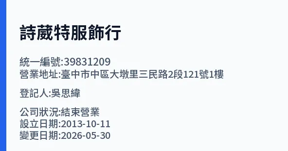 詩葳特服飾行的照片-統編 39831209(臺中市) 公司登記資料與營業項目詳細圖表