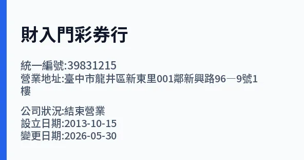 財入門彩券行的照片-統編 39831215(臺中市) 公司登記資料與營業項目詳細圖表