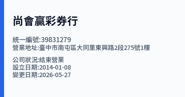 尚會贏彩券行的照片-統編 39831279(臺中市) 公司登記資料與營業項目詳細圖表