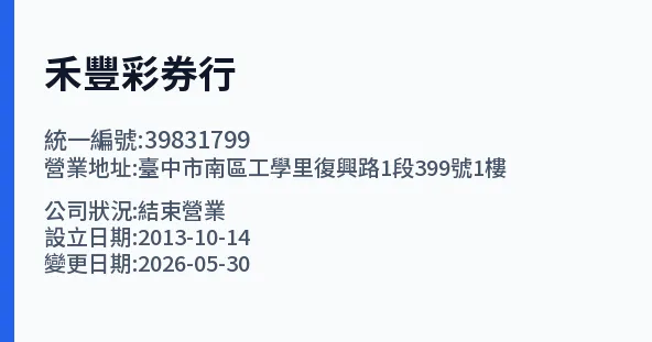 禾豐彩券行的照片-統編 39831799(臺中市) 公司登記資料與營業項目詳細圖表