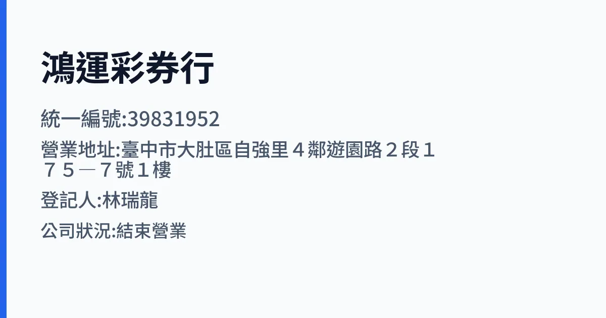 鴻運彩券行 - 統編 39831952(臺中市) 公司登記資料與營業項目詳細圖表