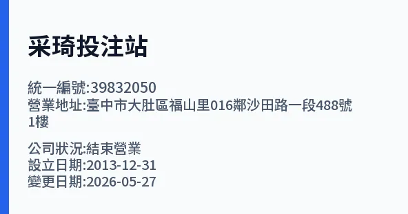 采琦投注站的照片-統編 39832050(臺中市) 公司登記資料與營業項目詳細圖表