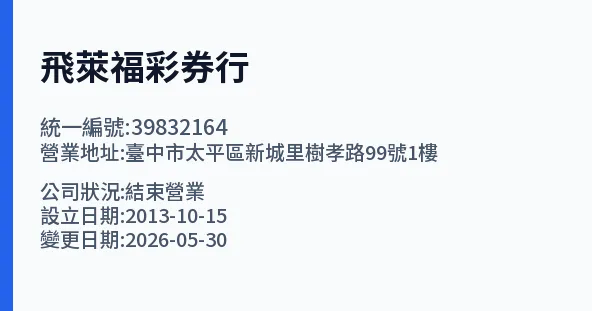 飛萊福彩券行的照片-統編 39832164(臺中市) 公司登記資料與營業項目詳細圖表
