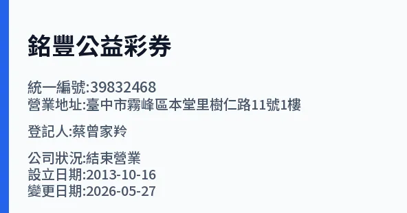 銘豐公益彩券的照片-統編 39832468(臺中市) 公司登記資料與營業項目詳細圖表
