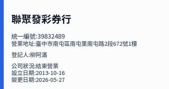 聯聚發彩券行的照片-統編 39832489(臺中市) 公司登記資料與營業項目詳細圖表