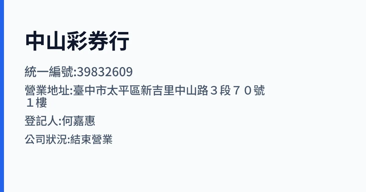 中山彩券行 - 統編 39832609(臺中市) 公司登記資料與營業項目詳細圖表