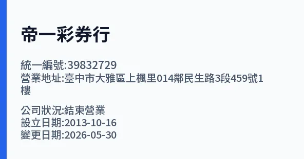 帝一彩券行的照片-統編 39832729(臺中市) 公司登記資料與營業項目詳細圖表