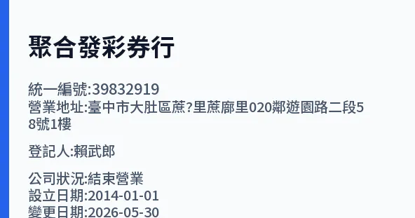 聚合發彩券行的照片-統編 39832919(臺中市) 公司登記資料與營業項目詳細圖表