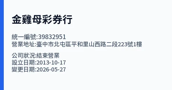 金雞母彩券行的照片-統編 39832951(臺中市) 公司登記資料與營業項目詳細圖表