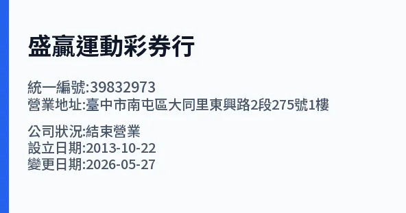 盛贏運動彩券行的照片-統編 39832973(臺中市) 公司登記資料與營業項目詳細圖表