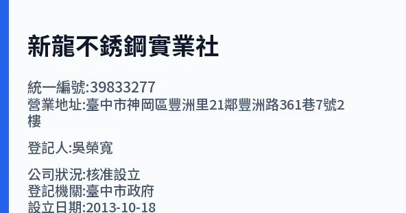 新龍不銹鋼實業社的照片-統編 39833277(臺中市) 公司登記資料與營業項目詳細圖表