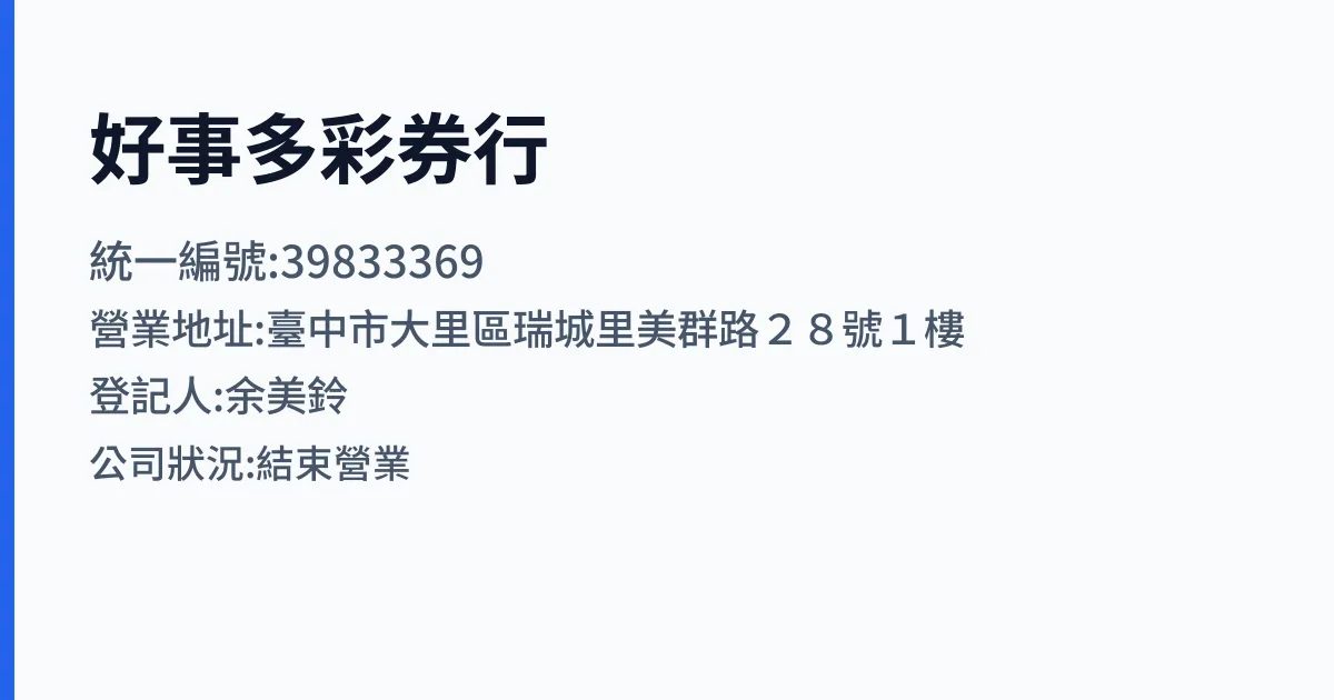 好事多彩券行 - 統編 39833369(臺中市) 公司登記資料與營業項目詳細圖表