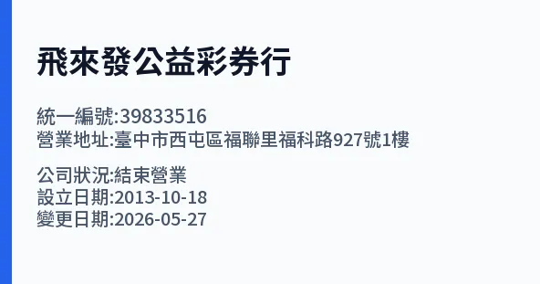 飛來發公益彩券行的照片-統編 39833516(臺中市) 公司登記資料與營業項目詳細圖表