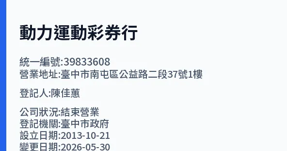 動力運動彩券行的照片-統編 39833608(臺中市) 公司登記資料與營業項目詳細圖表