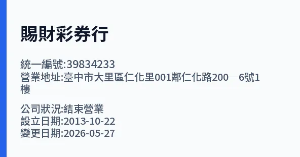 賜財彩券行的照片-統編 39834233(臺中市) 公司登記資料與營業項目詳細圖表