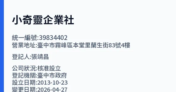 小奇靈企業社的照片-統編 39834402(臺中市) 公司登記資料與營業項目詳細圖表