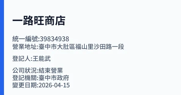 一路旺商店的照片-統編 39834938(臺中市) 公司登記資料與營業項目詳細圖表