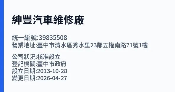 紳豐汽車維修廠的照片-統編 39835508(臺中市) 公司登記資料與營業項目詳細圖表