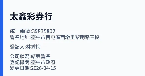 太鑫彩券行的照片-統編 39835802(臺中市) 公司登記資料與營業項目詳細圖表