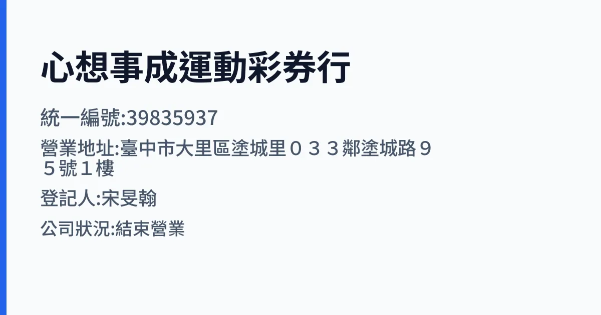 心想事成運動彩券行 - 統編 39835937(臺中市) 公司登記資料與營業項目詳細圖表