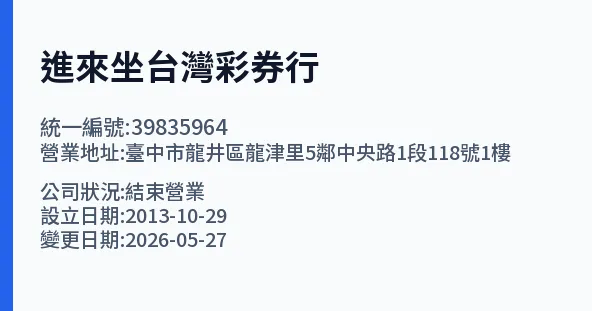 進來坐台灣彩券行的照片-統編 39835964(臺中市) 公司登記資料與營業項目詳細圖表