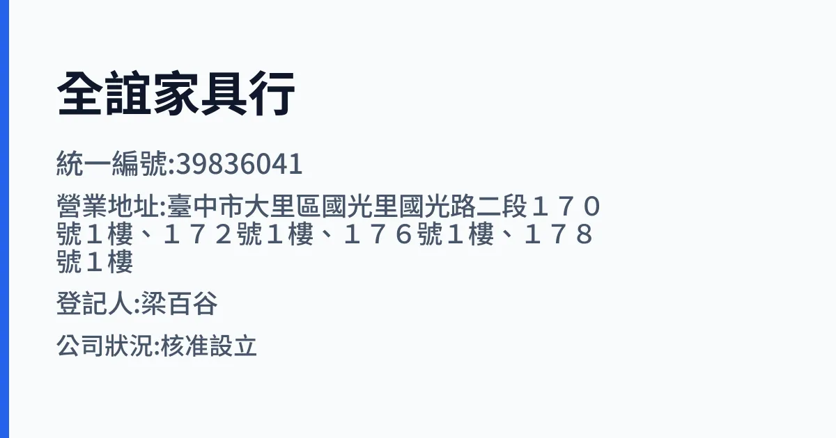 全誼家具行 - 統編 39836041(臺中市) 公司登記資料與營業項目詳細圖表