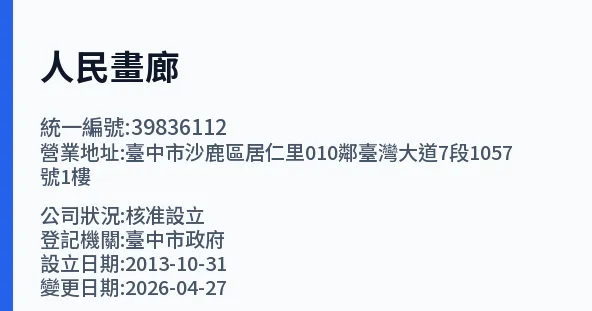人民畫廊的照片-統編 39836112(臺中市) 公司登記資料與營業項目詳細圖表