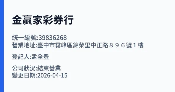 金贏家彩券行的照片-統編 39836268(臺中市) 公司登記資料與營業項目詳細圖表