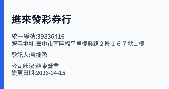 進來發彩券行的照片-統編 39836416(臺中市) 公司登記資料與營業項目詳細圖表
